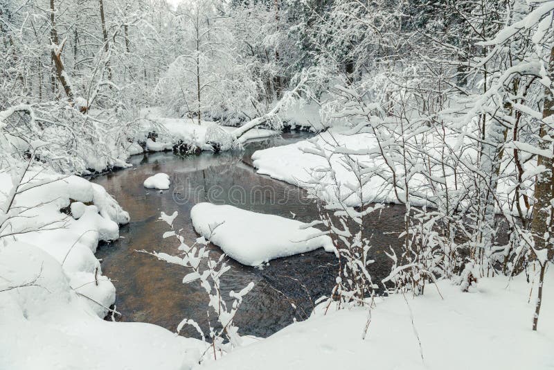 Snowy Winter Forest and Flowing River. Scenic Landscape on a Winter Day ...