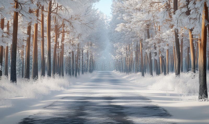 Snowy Winter Forest Road Surrounded by Tall Pine Trees and Soft White ...