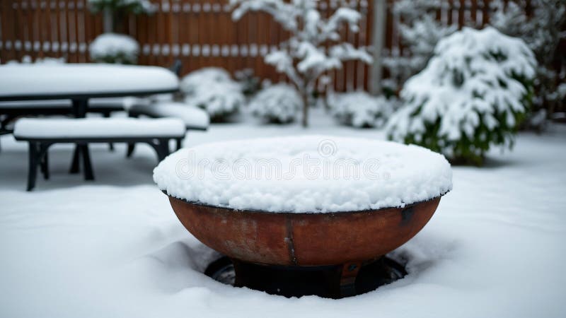 Snowy Winter Garden Scene, Snow-Covered Table, Bench, and Rusty Fire ...