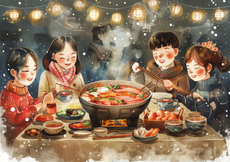 Snowy Winter Hot Pot Party Generated Using AI. Stock Image - Image of ...