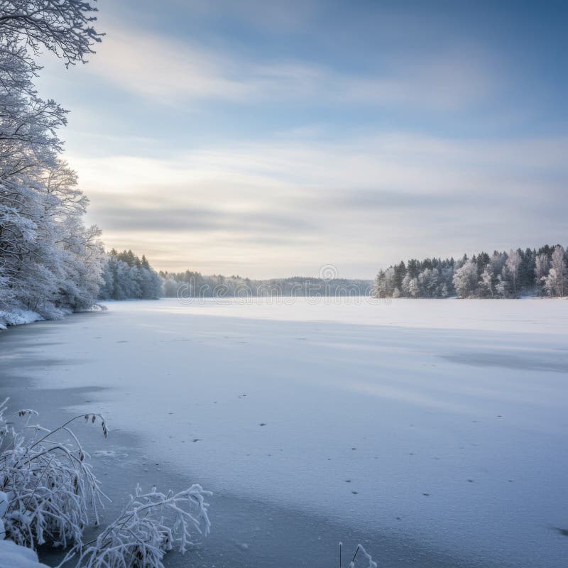 Snowy Winter Lake Landscape with Frozen Surface Stock Illustration ...