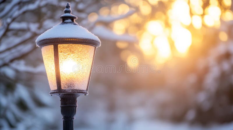 Snowy Winter Lamp Post Glowing at Sunrise Stock Illustration ...
