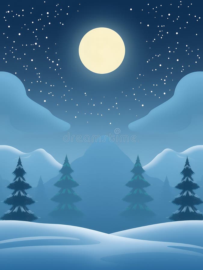 A Snowy Winter Landscape with a Full Moon and Stars Stock Illustration ...
