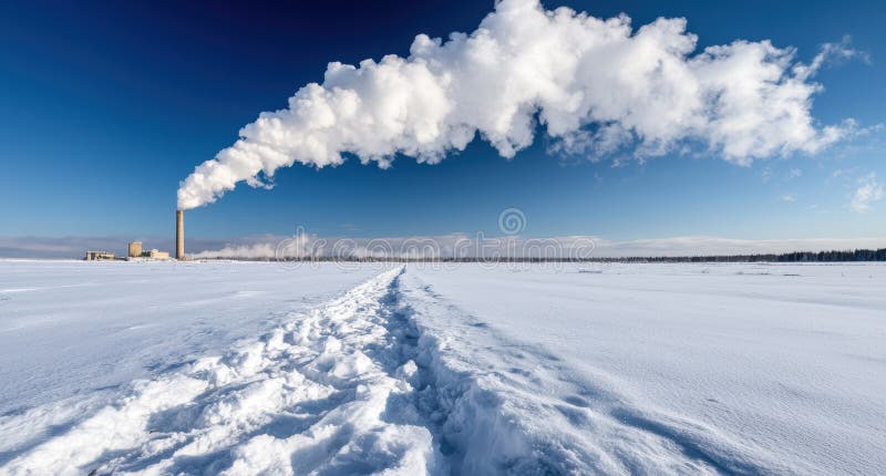Snowy Winter Landscape with Industrial Smoke Stack Stock Illustration ...