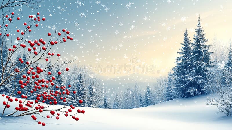 Snowy Winter Landscape with Red Berries and Pine Trees Stock ...