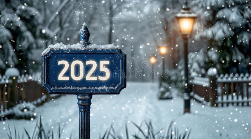 Snowy Winter Landscape with 2025 Sign Stock Illustration - Illustration ...