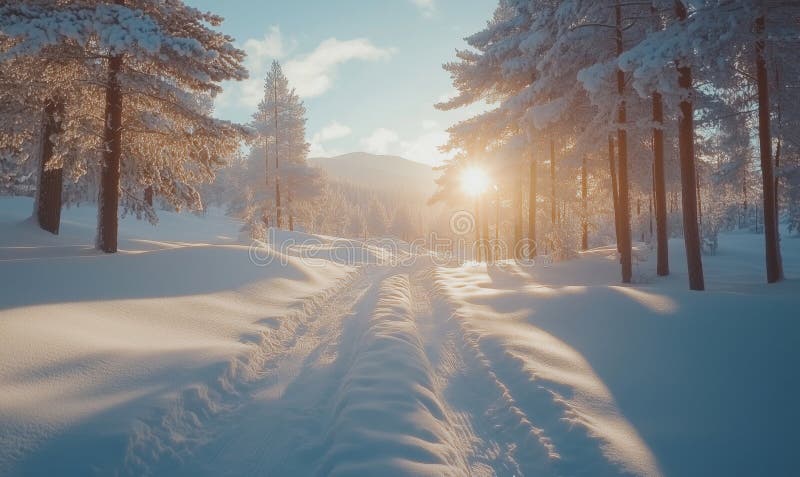 Snowy Winter Landscape with Sun Rays, Trees, and Snowy Path Stock Image ...