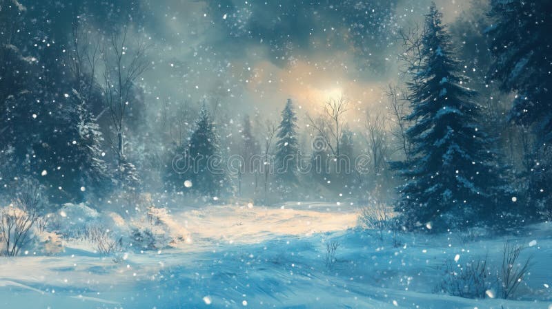 Snowy Winter Landscape with Trees, Soft Light, Falling Snowflakes Stock ...
