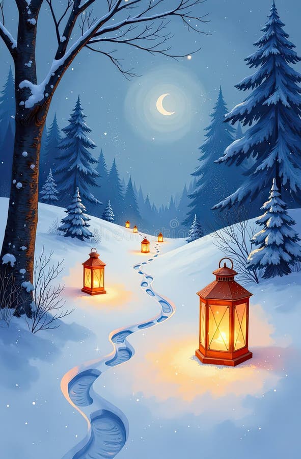 Snowy Winter Night with Glowing Lanterns Lining a Tranquil Forest Path ...