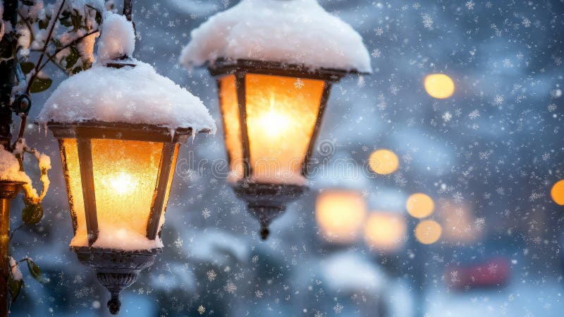Snowy Winter Night Scene with Two Illuminated Lanterns. (1 Stock Image ...