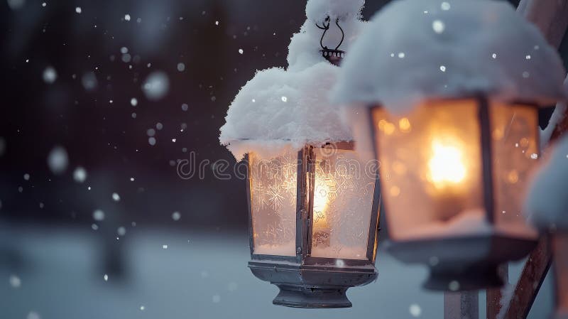 Snowy Winter Night Scene with Two Illuminated Lanterns Stock Photo ...