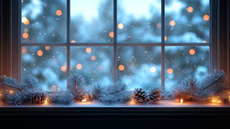Snowy Winter Night Window Christmas Decorations Stock Illustration ...