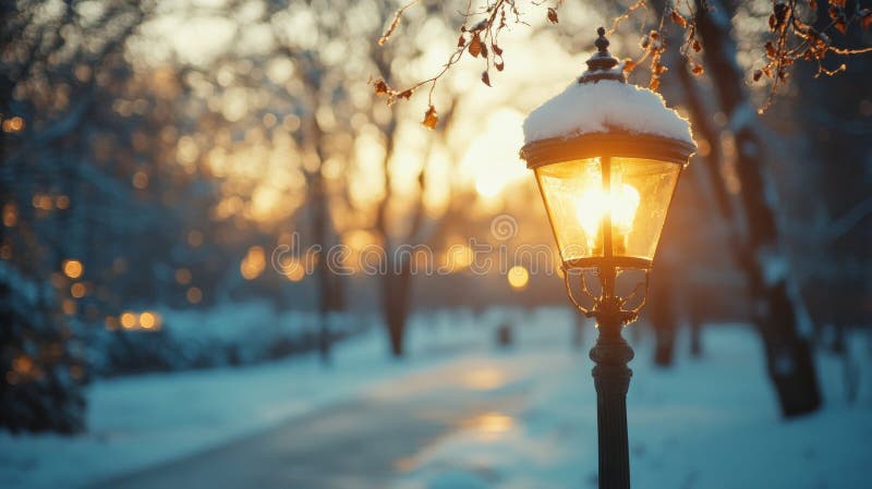 Snowy Winter Park Lamp Post Glowing at Sunset Stock Illustration ...