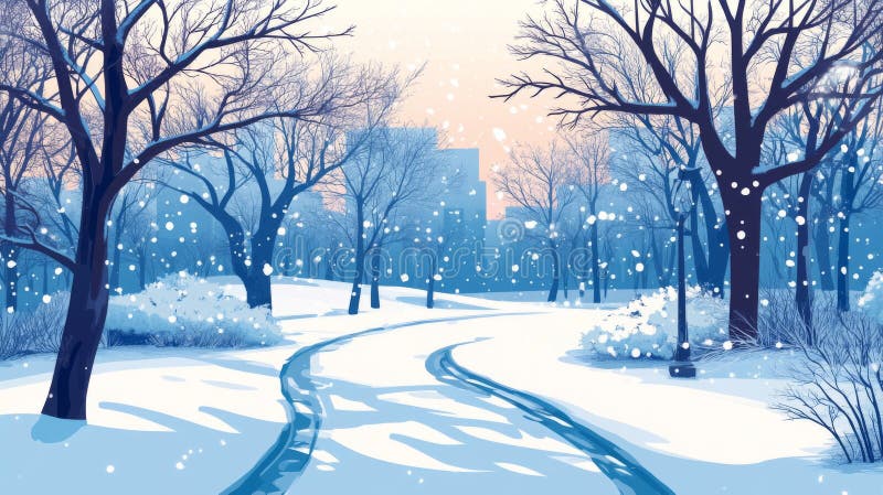 Snowy Winter Park Scene with City Background Stock Illustration ...