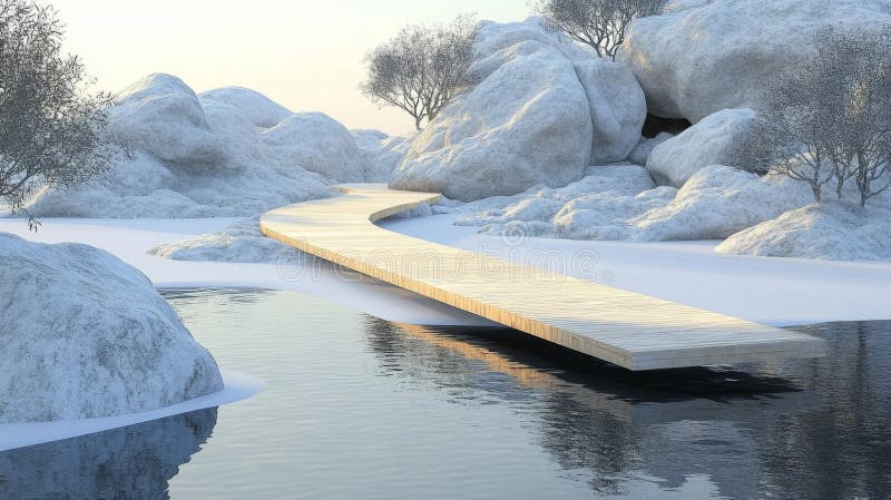Snowy Winter Path Across a Frozen Stream Stock Illustration ...