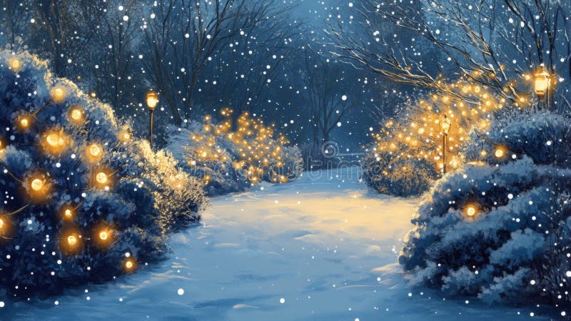 Snowy Winter Path Illuminated by Lights and Snowfall Stock Illustration ...