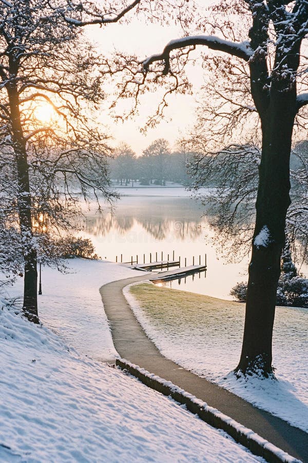 Snowy Winter Path by Serene Lake at Sunset High Quality Image Stock ...