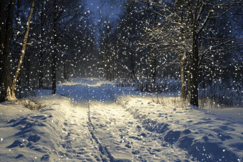 Snowy Winter Pathway Illuminated Soft Light Serene Forest Night Stock ...