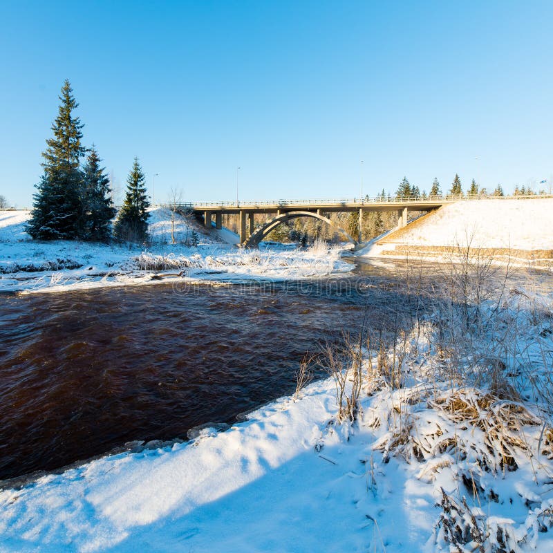 Snowy Winter River Landscape with Metal Bridge Stock Image - Image of ...