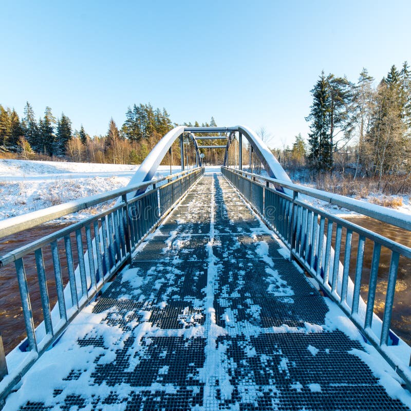 Snowy Winter River Landscape with Metal Bridge Stock Photo - Image of ...