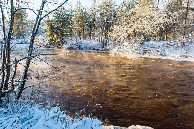 Snowy Winter River Landscape with Snow Covered Trees Stock Photo ...