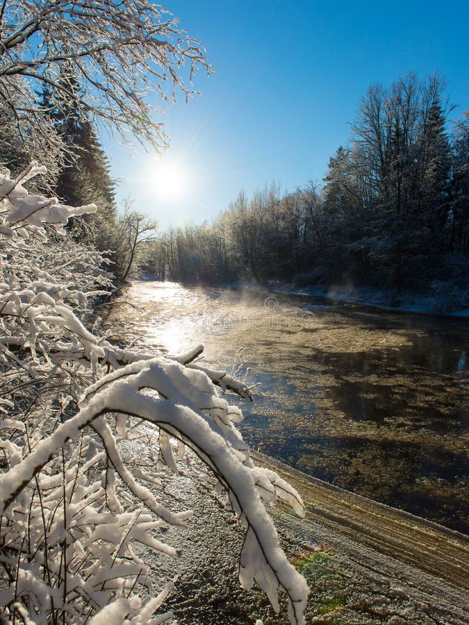 Snowy Winter River Landscape with Snow Covered Trees Stock Photo ...
