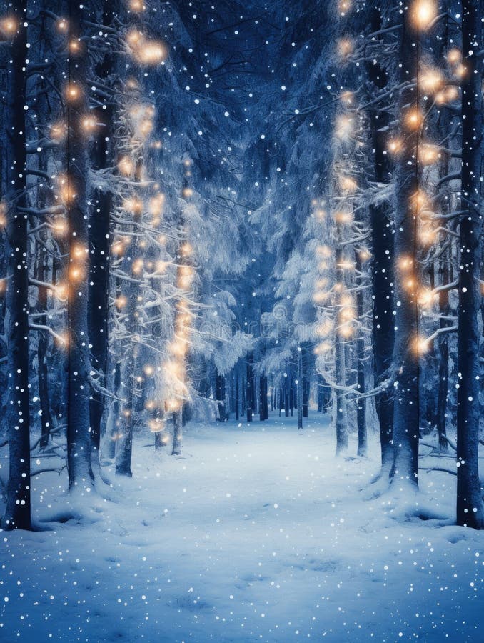 Snowy Winter Road with Christmas Lights in Spruce Forest Stock ...