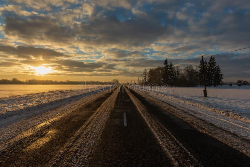 Snowy Winter Road Covered in Ice and Snow Stock Image - Image of winter ...