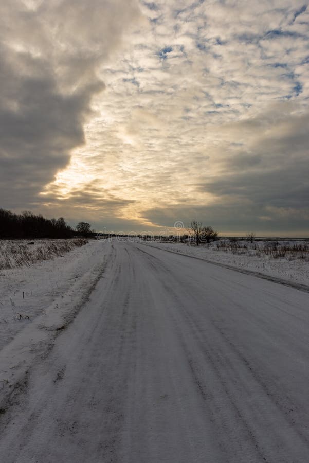 Snowy Winter Road Covered in Ice and Snow Stock Image - Image of tree ...