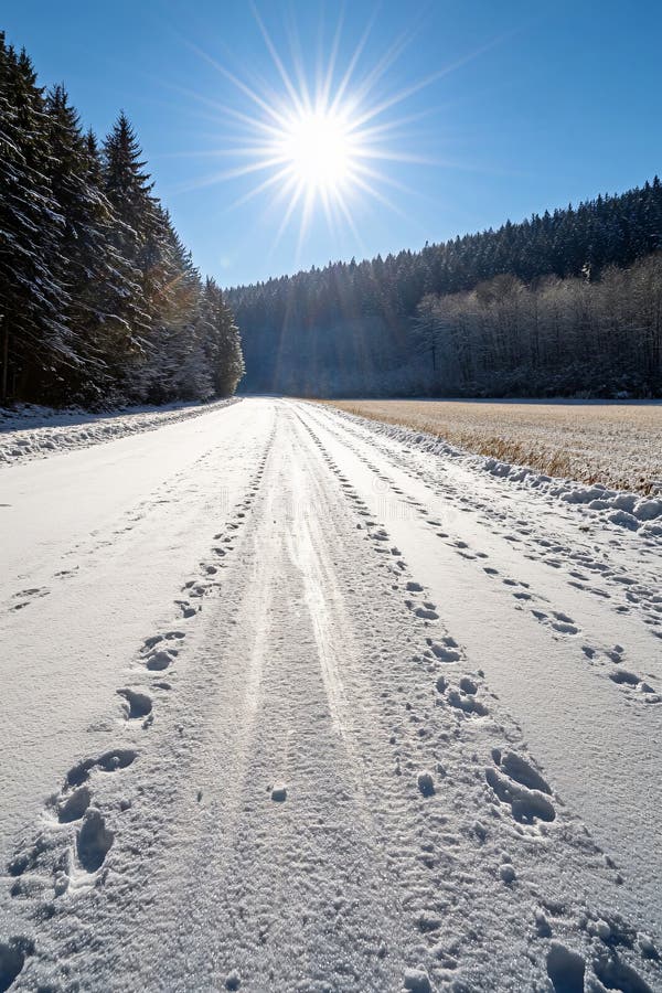Snowy Winter Road Footprints Sunlit Forest Path High Quality Image ...