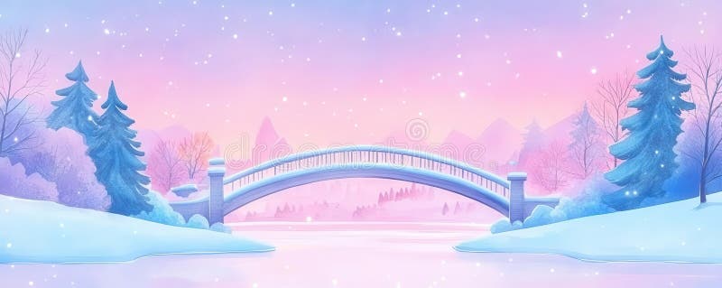 Snowy Winter Scene with Bridge and Trees. Pastel Colors Stock ...