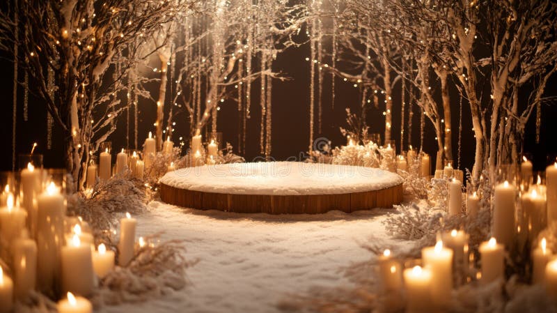 Snowy Winter Scene with Candles and a Circular Platform Stock ...