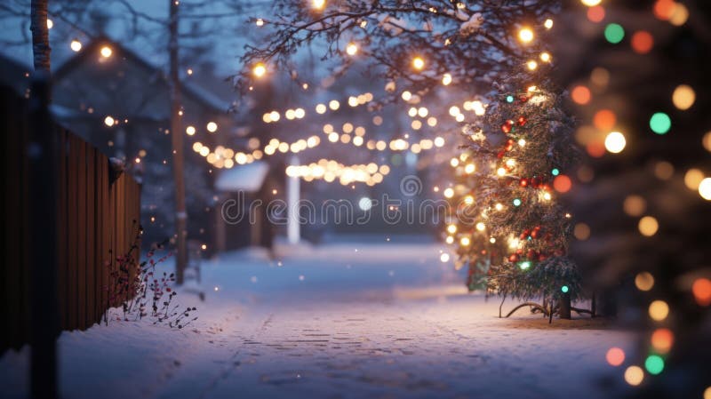 Snowy Winter Scene with Holiday Lights Stock Illustration ...