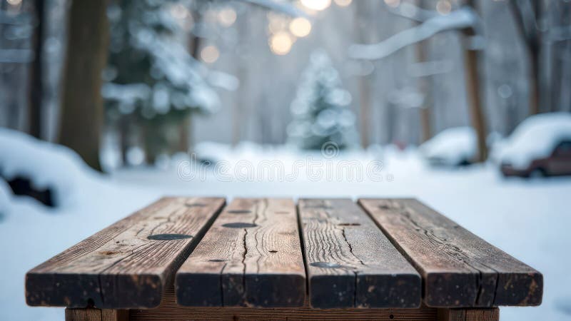 Snowy Winter Scene with Rustic Wooden Table in Forest Setting Stock ...