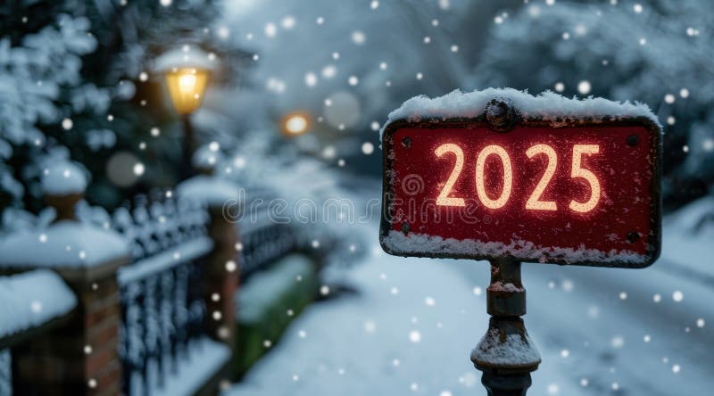 Snowy Winter Scene with 2025 Sign Stock Illustration - Illustration of ...