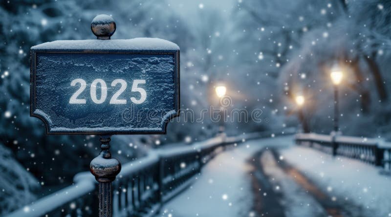 Snowy Winter Scene with 2025 Sign Stock Illustration - Illustration of ...