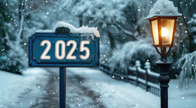 Snowy Winter Scene with 2025 Sign and Illuminated Lamp Post Stock ...