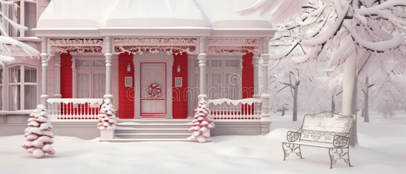 Snowy Winter Scene with Snow Covered Porch and Bench . Stock Image ...