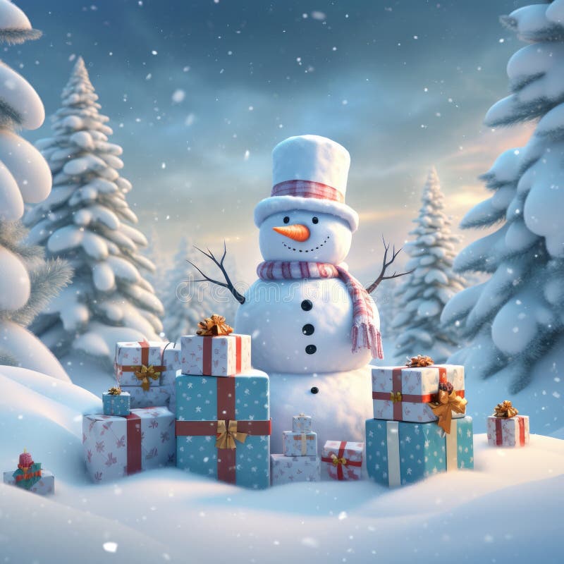 Snowy Winter Scene with Snowman, Gifts, and Trees, Stock Illustration ...