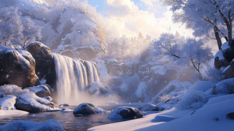 Snowy Winter Scene with Waterfall and Stream Stock Illustration ...