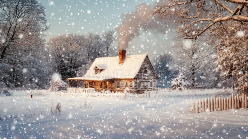 Snowy Winter Scene with a Wooden Cabin and Falling Snow Stock ...