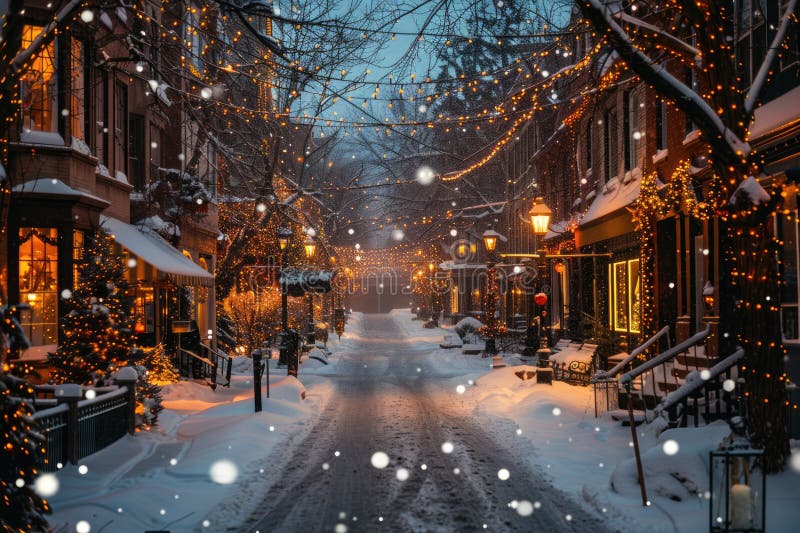 Snowy Winter Street with Festive Lights and Decorations at Dusk Stock ...