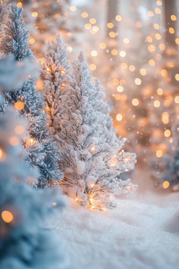 Snowy Winter Trees Glow with Holiday Lights and Sparkle Effects Stock ...