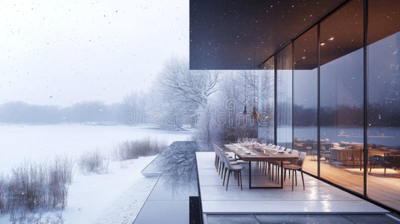Snowy Winter View through Modern Glass Doors of a Dining Room Stock ...