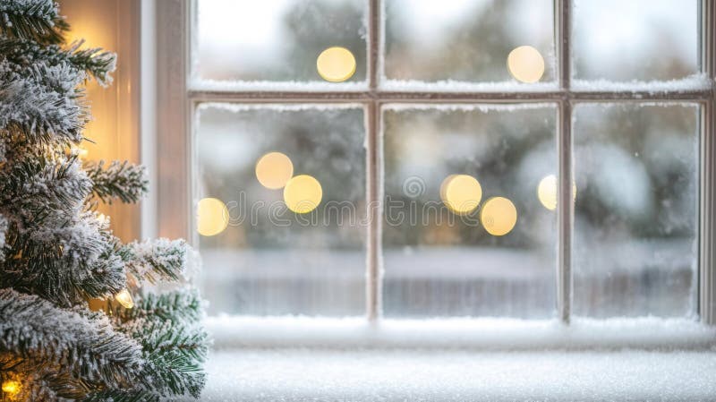 Snowy Winter Window Christmas Tree Lights Stock Illustration ...