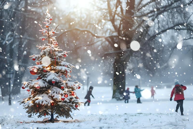 Snowy Winter Wonderland: Christmas Tree in a Snowfall Stock Photo ...