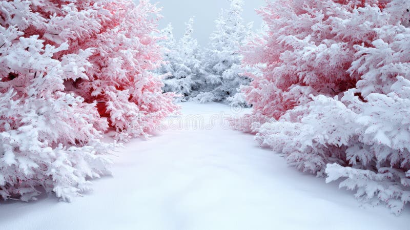 Snowy Winter Wonderland Path through Pink and White Frosted Trees Stock ...