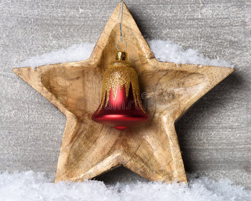 Snowy Wooden Star with Christmas Bell Stock Photo - Image of greeting ...