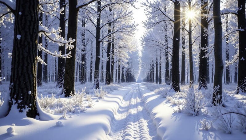 Snowy Woods with Bare Tree Trunks and Frosty Leaves, Frosty, Tree Trunks Stock Illustration ...