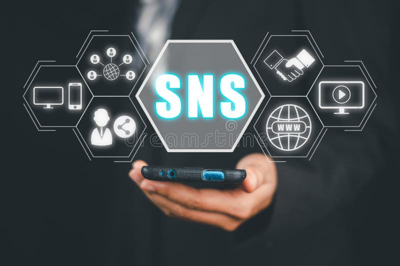 Person Hand Using Smartphone with SNS Icon on Virtual Screen Stock ...